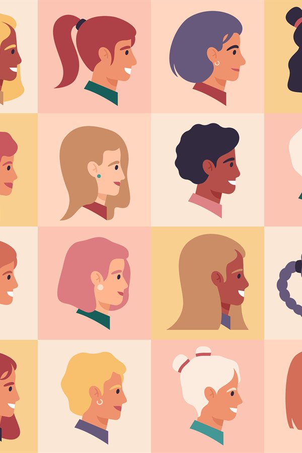 Female profile faces. Women portraits, various nationality,