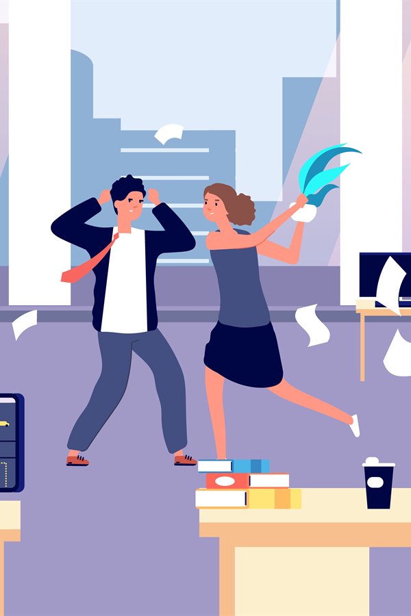 Office brawl. Chaos in workplace. Negative employees in offi