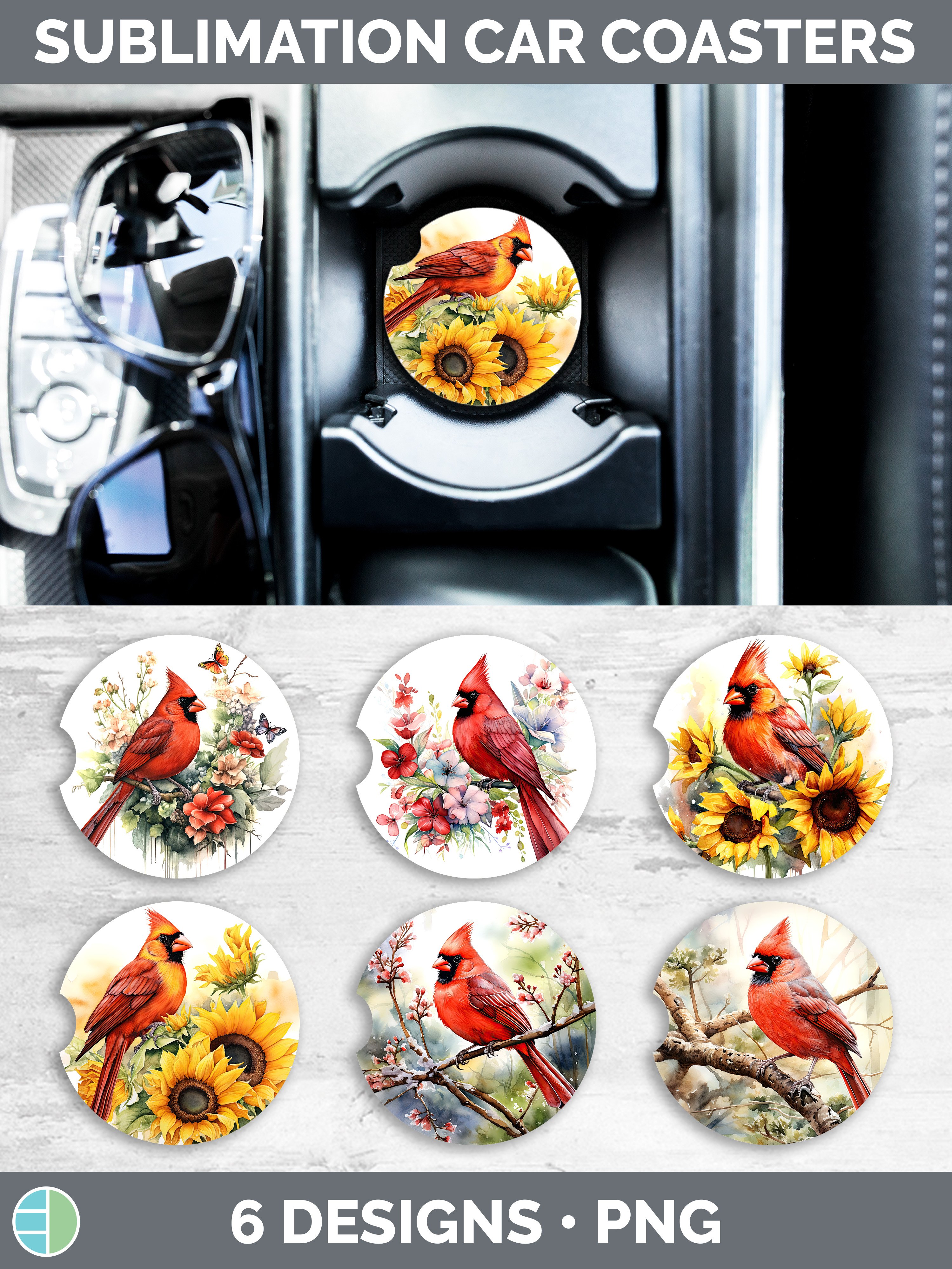 Pretty Cardinal Bird Car Coaster | Bundle Coaster Designs
