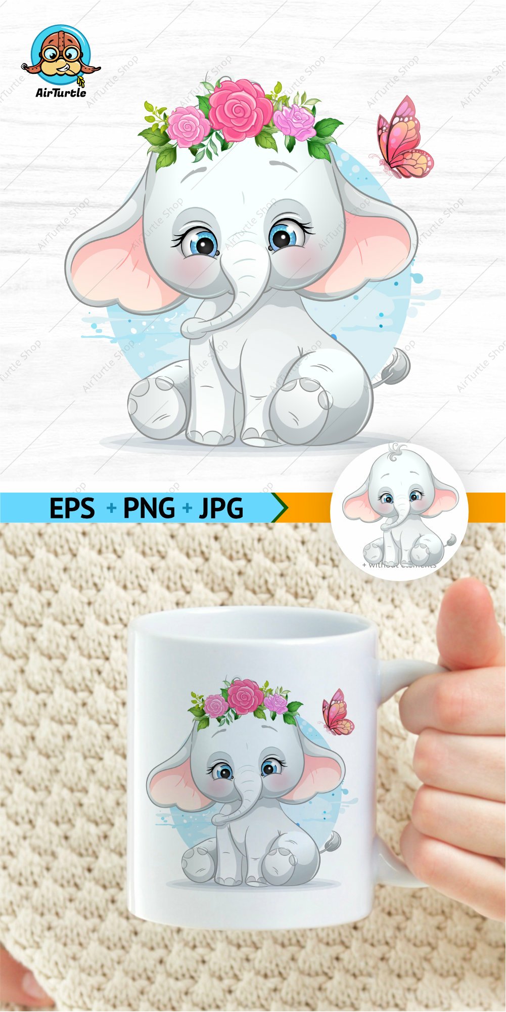 Cute Baby Elephant, Animal Vector Clipart, EPS, PNG, JPG
