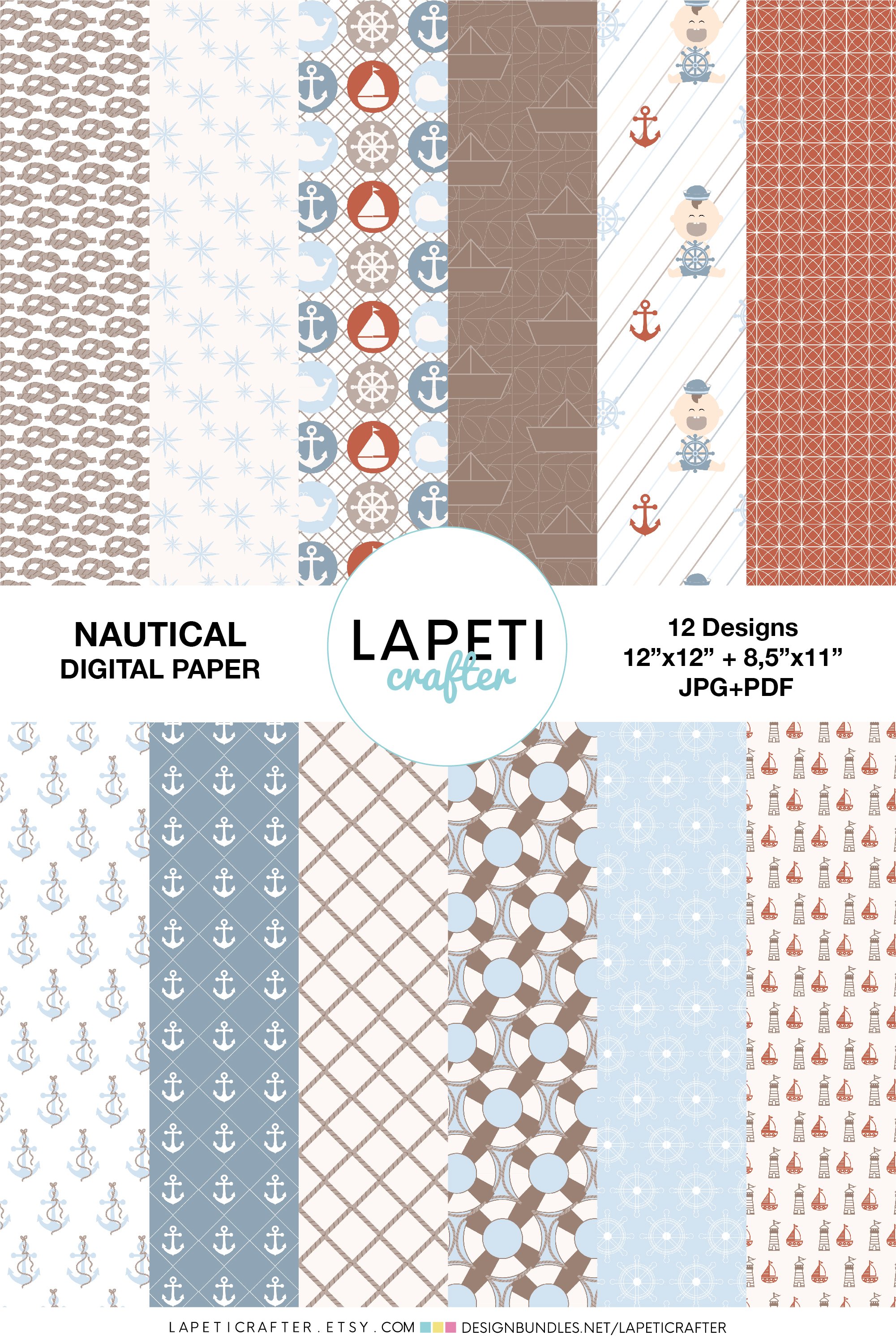 Nautical Digital Scrapbooking paper pack | 12x12 + Letter