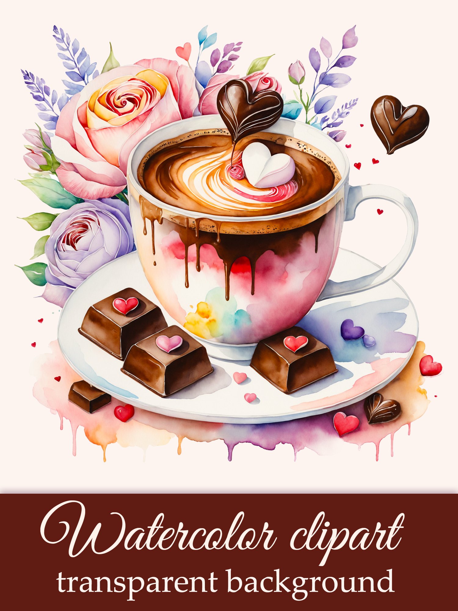 Watercolor coffee cup with hearts and chocolate, clipart Png