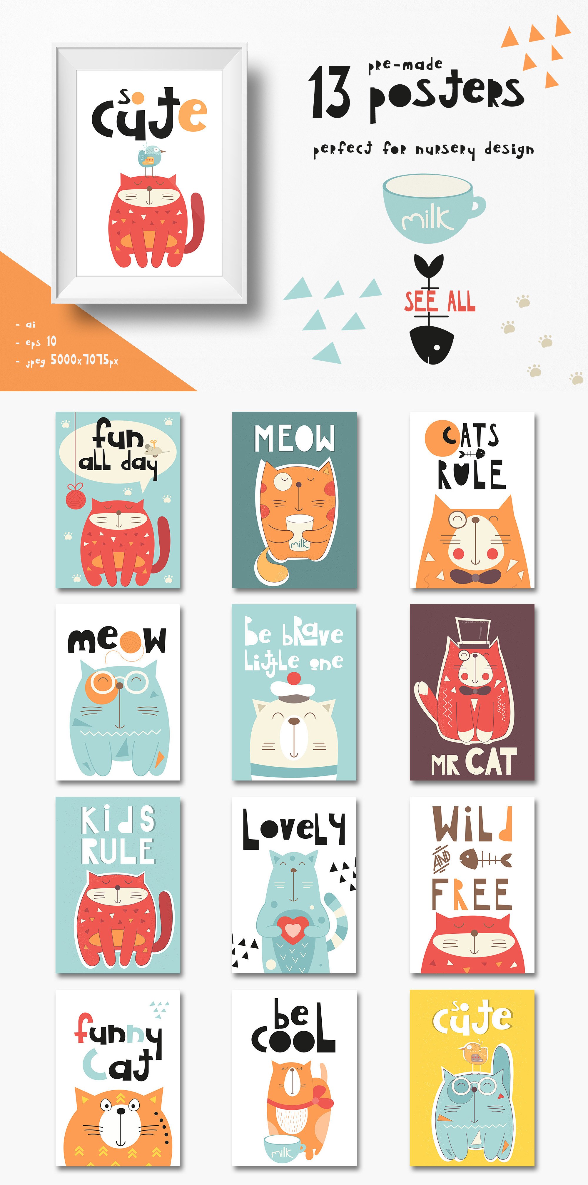 Cute cats nursery posters and pre-made prints