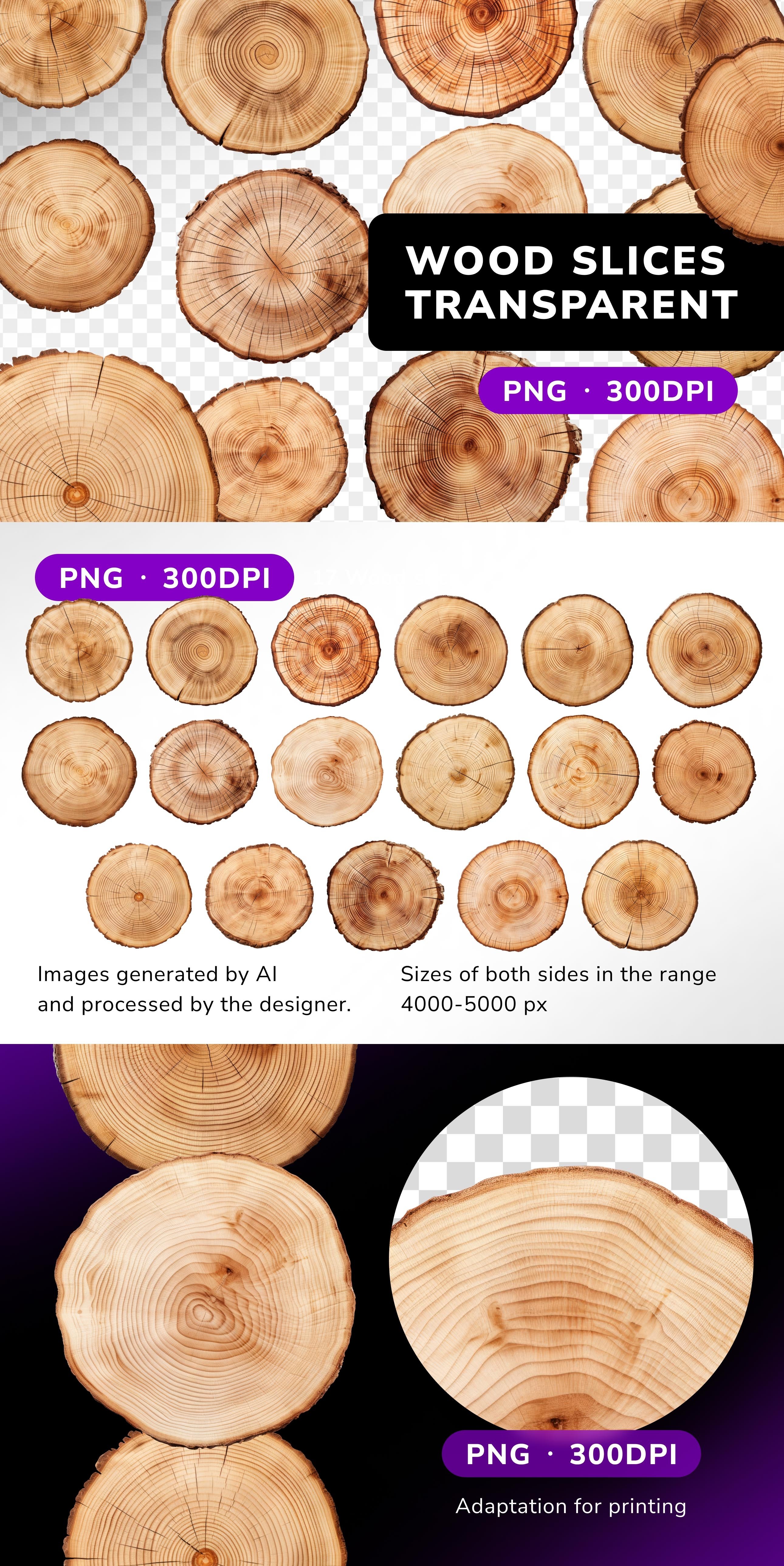 17 wood slices transparent Clipart PNG files, 300 DPI