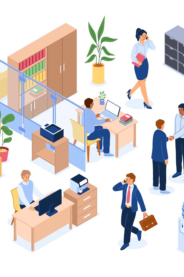 Isometric office people. Business workplace with tables comp