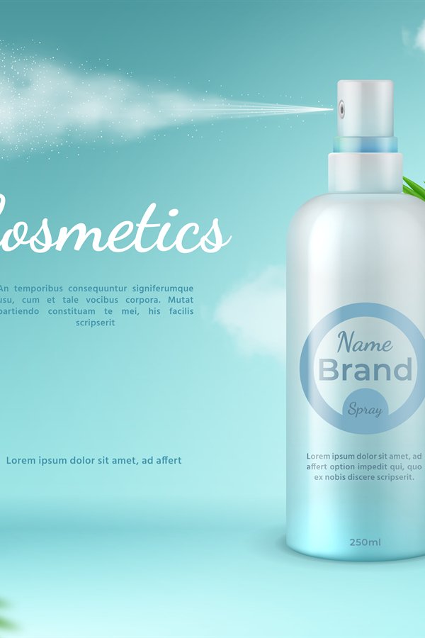 Cosmetic spray banner. Natural skincare product poster with