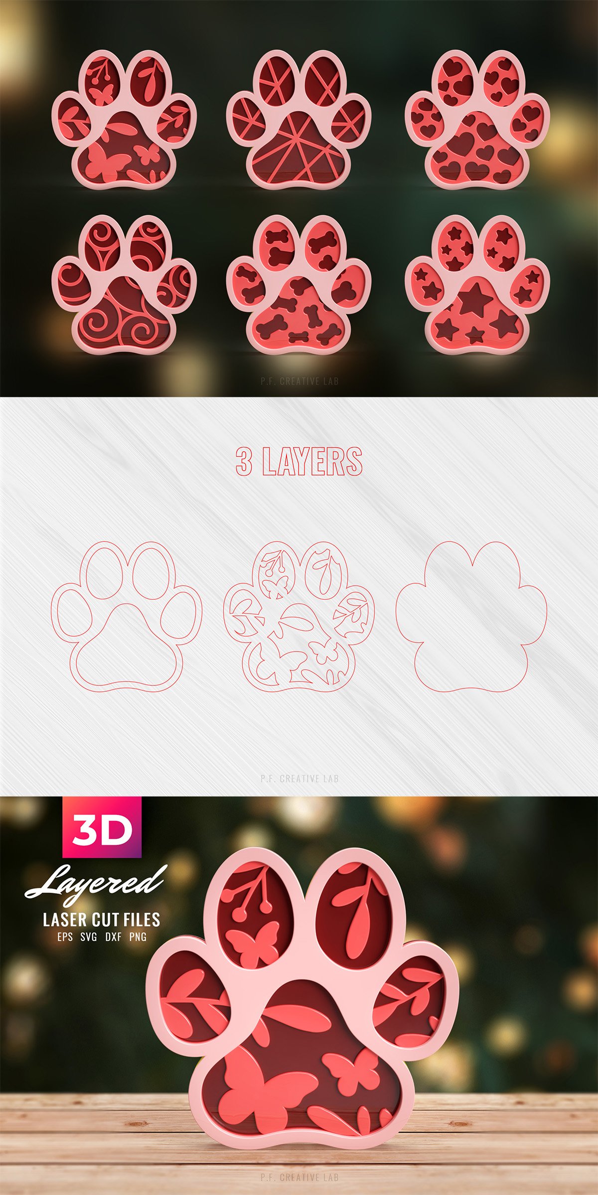 3D Paw Print SVG Bundle - Layered Pet Love Clipart