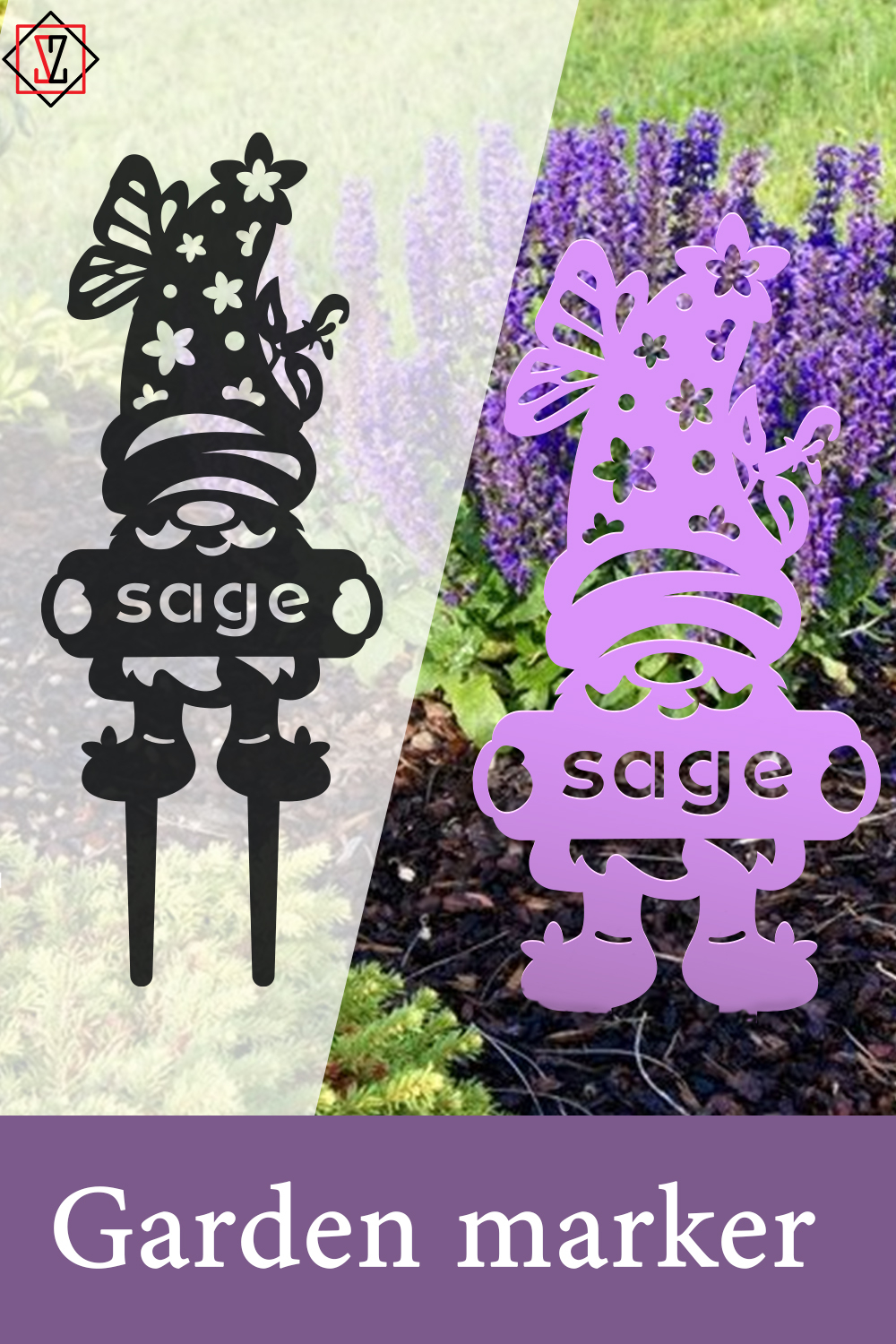 Garden marker Gnome on legs with a sign in his hands