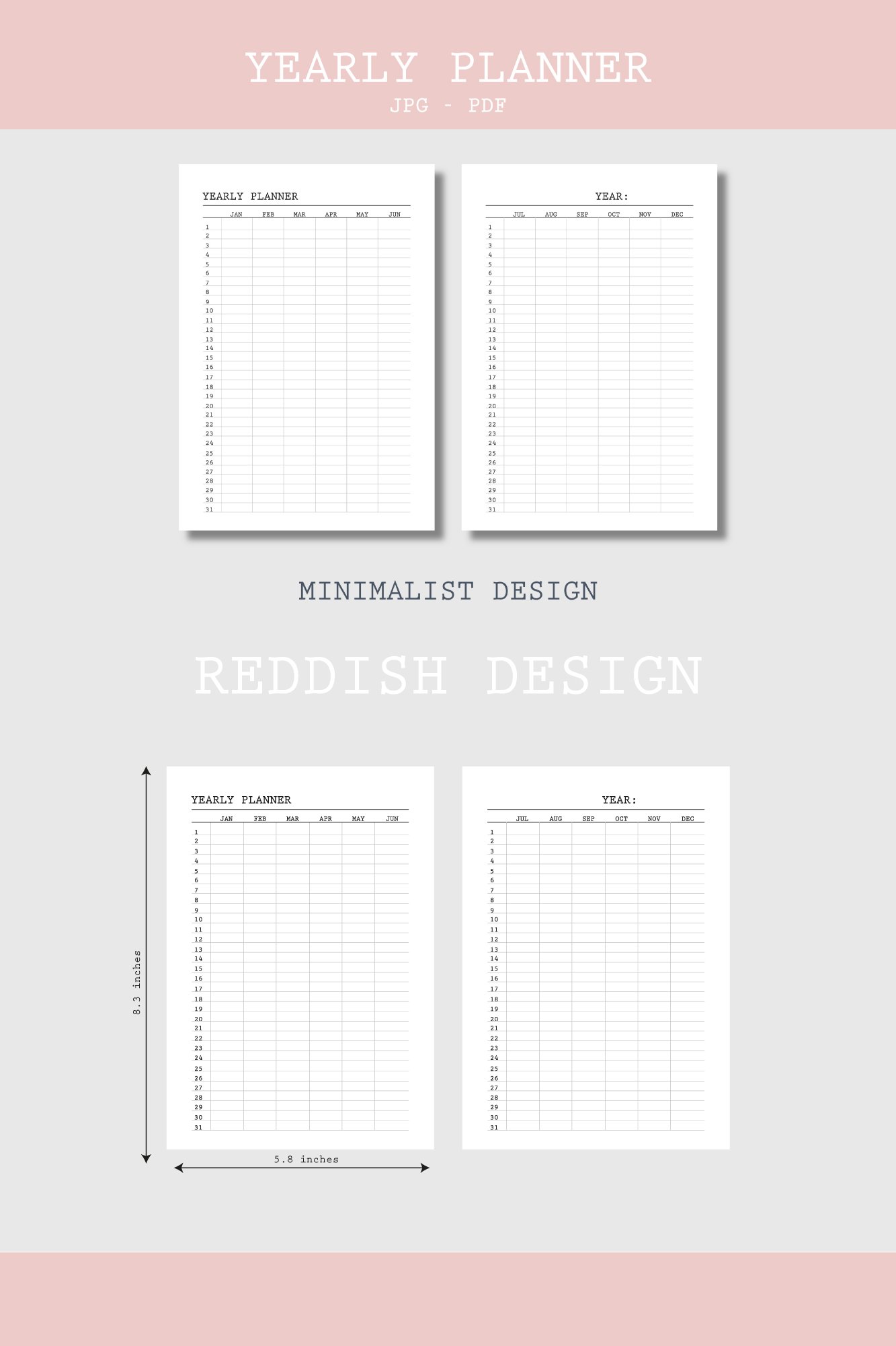 Yearly Planner bullet journal pages A5 size, printable