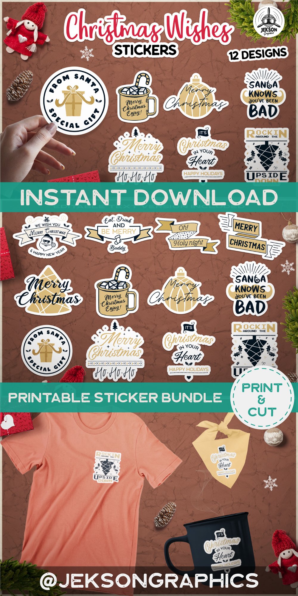 Christmas Wish Stickers SVG Bundle, Print and Cut Label DXF