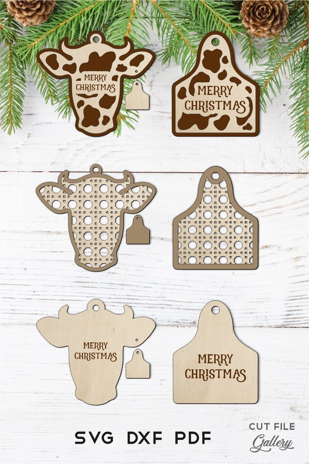 Farmhouse Cow Tag Christmas Ornament / SVG laser cut file