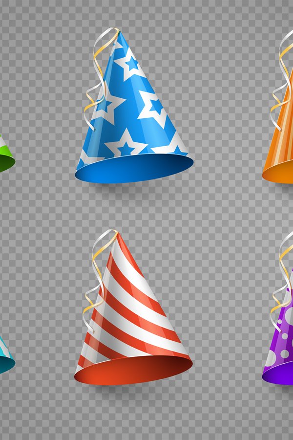 Realistic party hats vector set isolated on transparent back