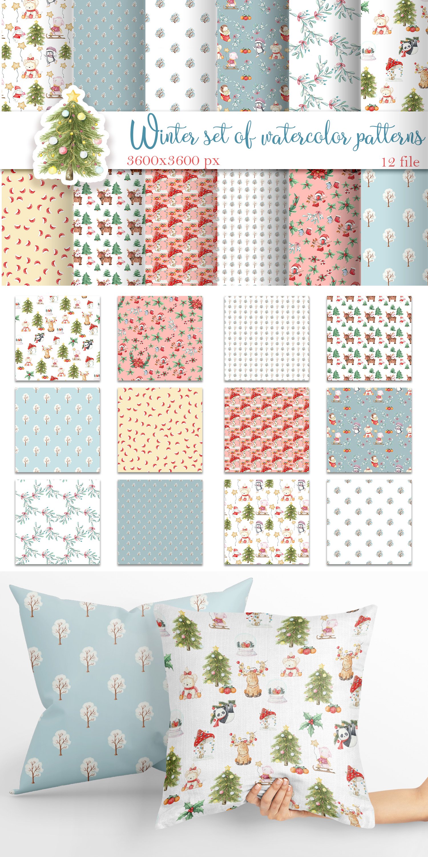 Christmas watercolor pattern, Digital paper Christmas animal