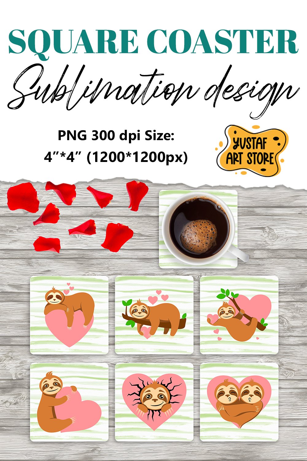 Valentine square coaster 6 design. Sloth with heart coaster