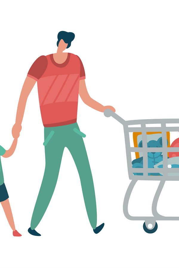 Family shopping. Father and son shopper, man with trolley an