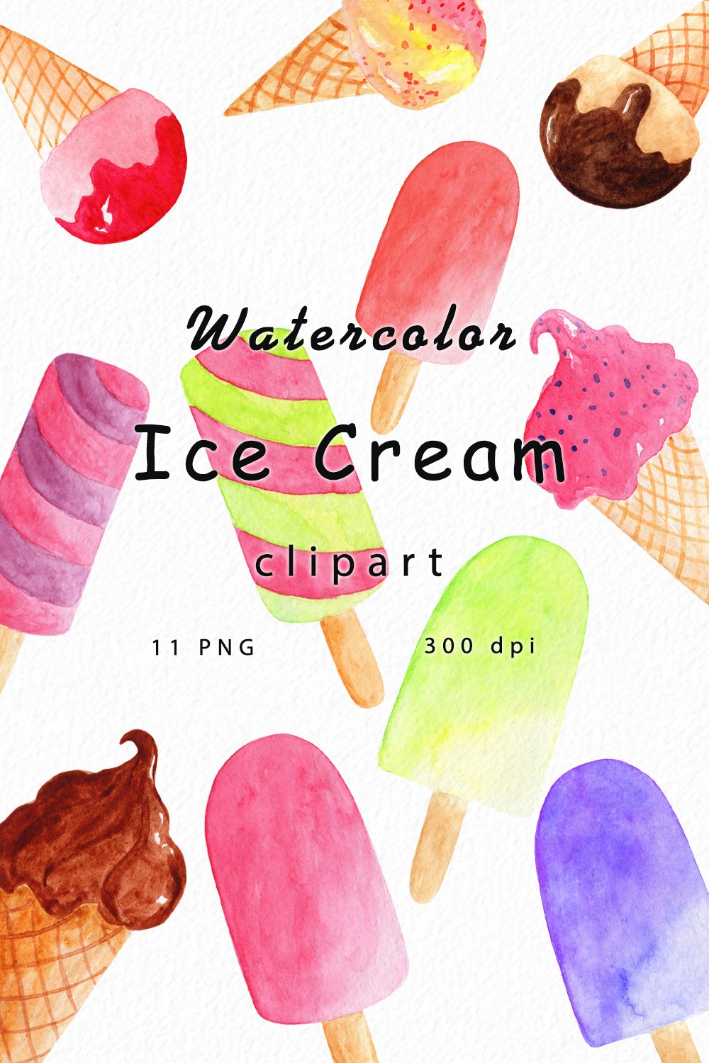 Watercolor Ice Cream Clipart, Summer Clipart, (1344082)