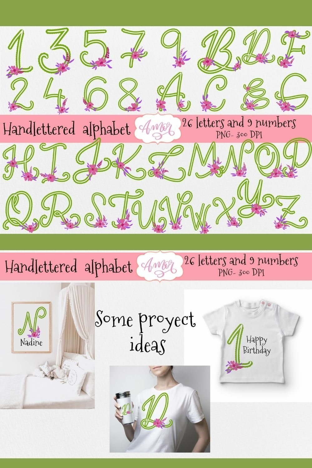Hand lettered alphabet, girly letters PNG