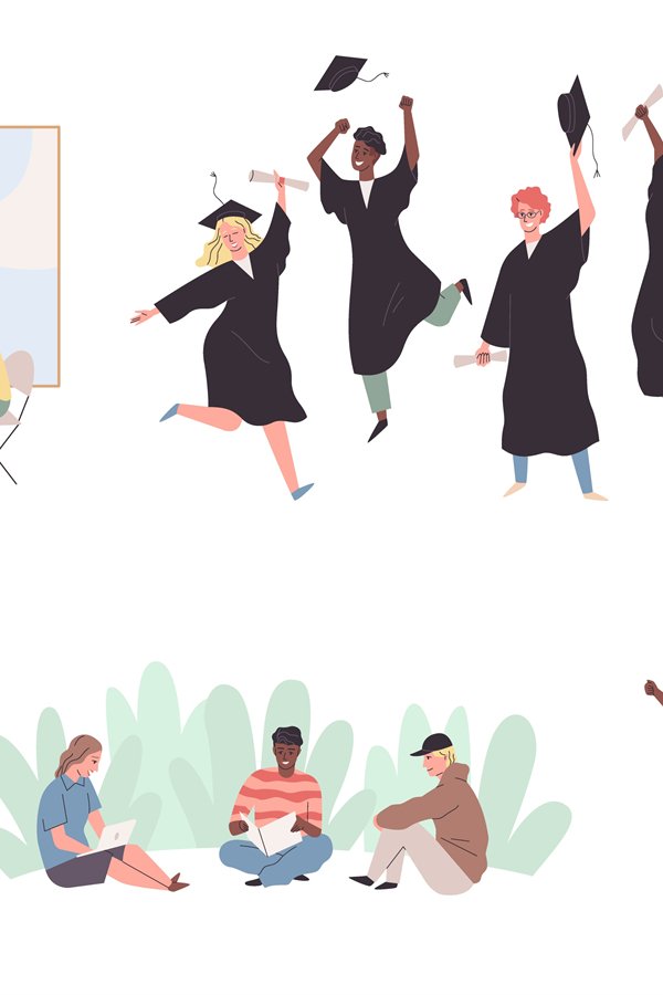 Student life. Young people activities. Guys and girls study