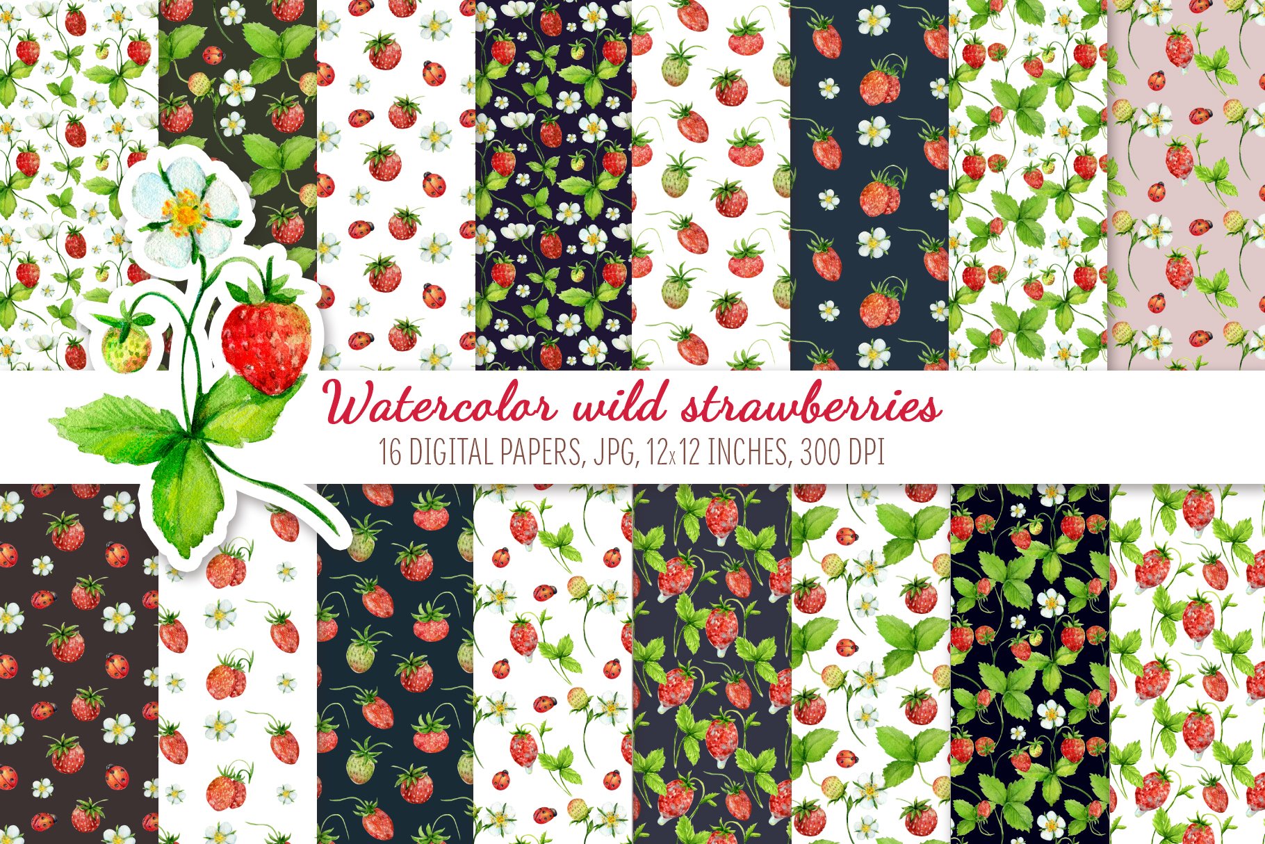 Watercolor wild strawberries. Digital paper pack