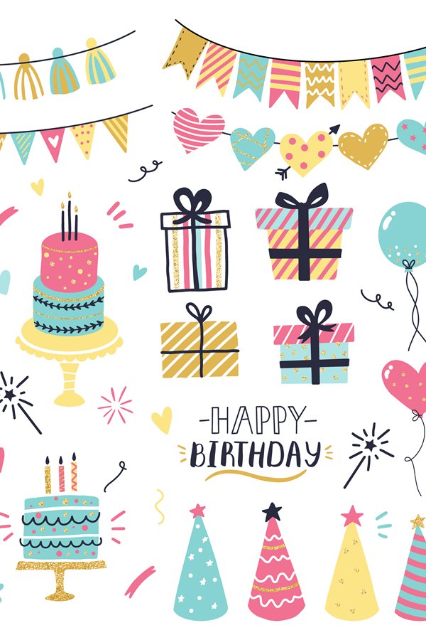 Party celebration hand drawn elements. Greeting birthday