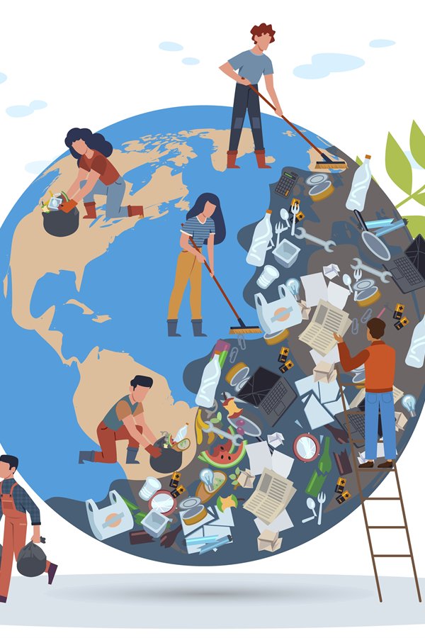 People clean planet. Globe in mountain of garbage from plast
