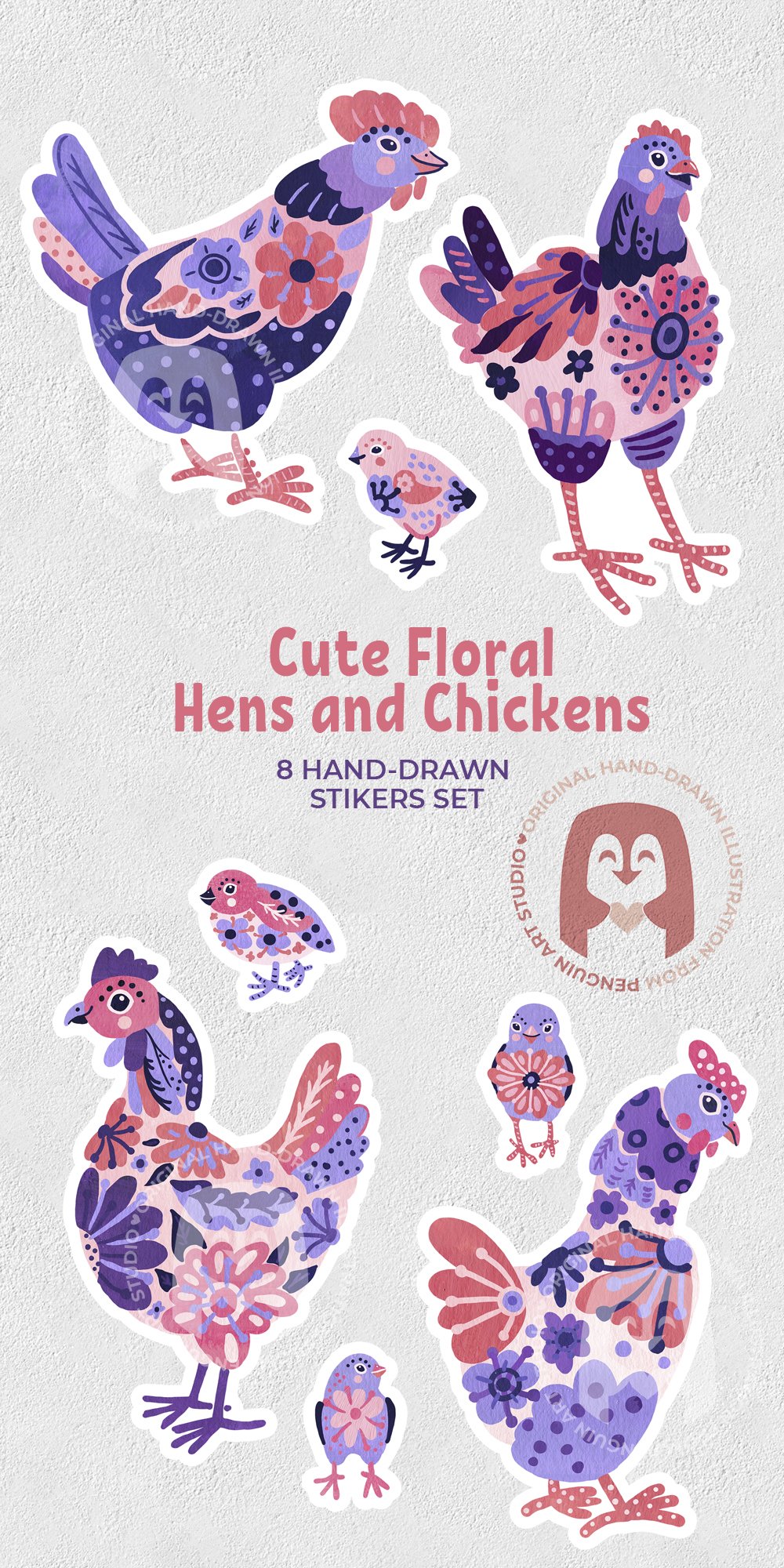 Easter Floral Hens and Chickens hand drawn sticker set