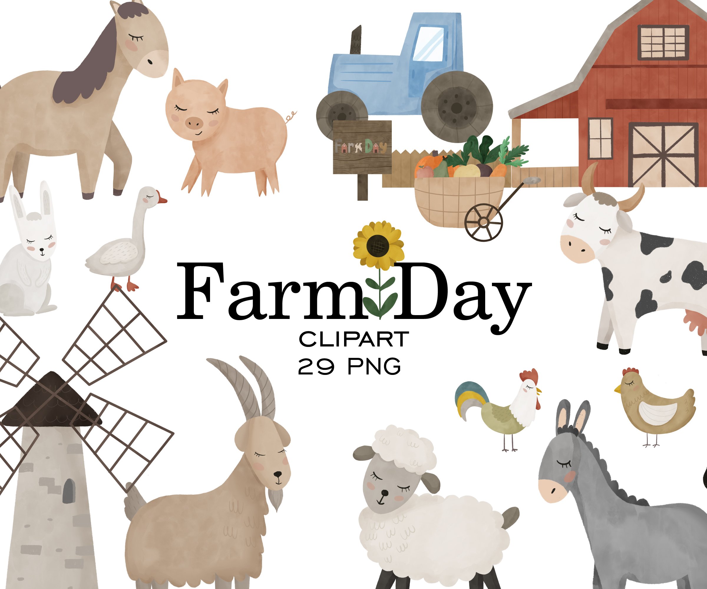 Farm clipart, Watercolor farm animals, Farm PNG, (1401316)