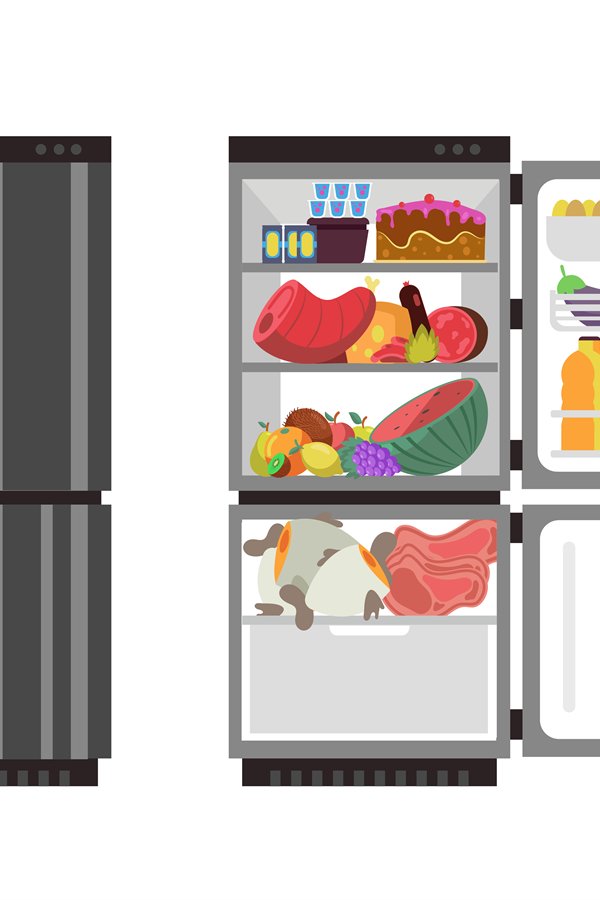 Open and close refrigerator. Kitchen fridge with food