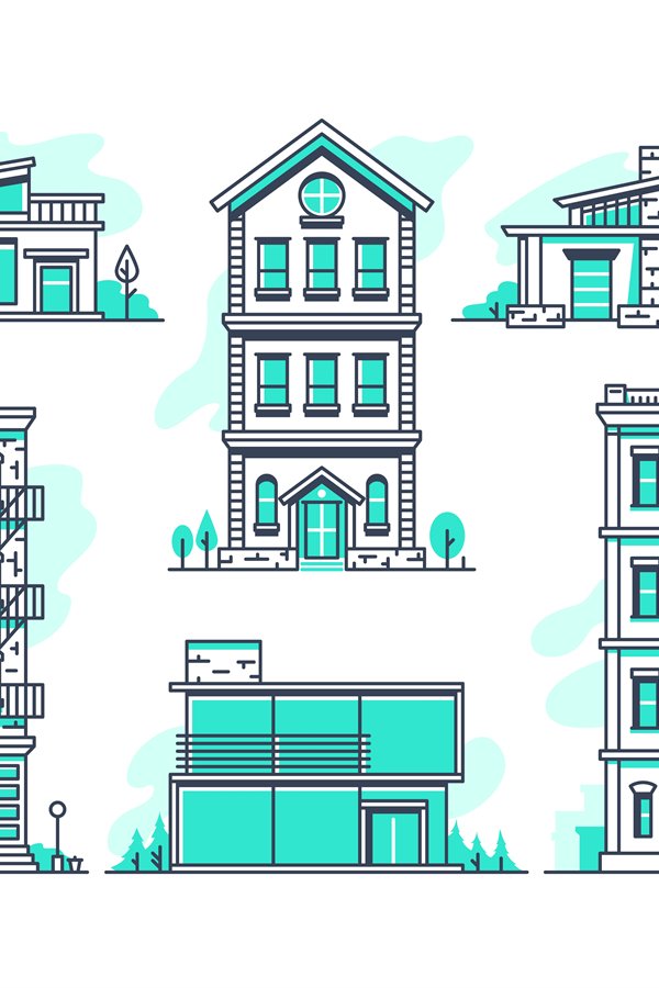Contemporary urban and suburban houses line icons set. Real