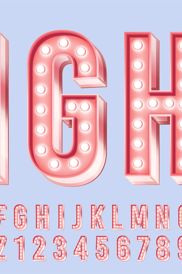 Pink lighting alphabet letters with bulbs, retro numbers