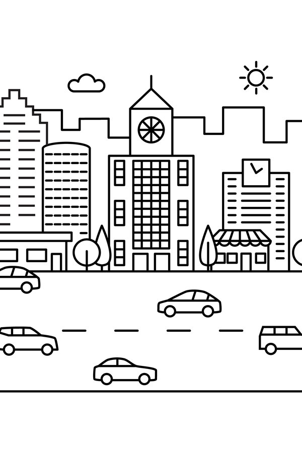 Line city street. Outline urban scene with buildings, road a