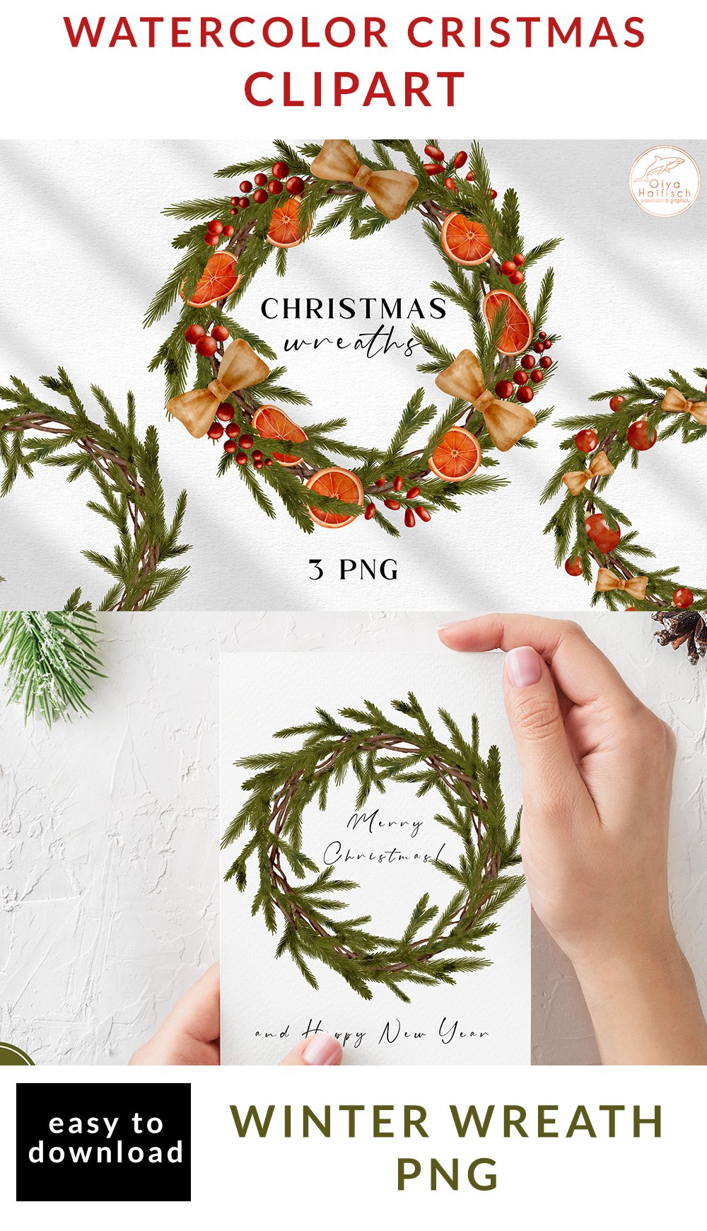 Watercolor Christmas Wreaths Clipart Set