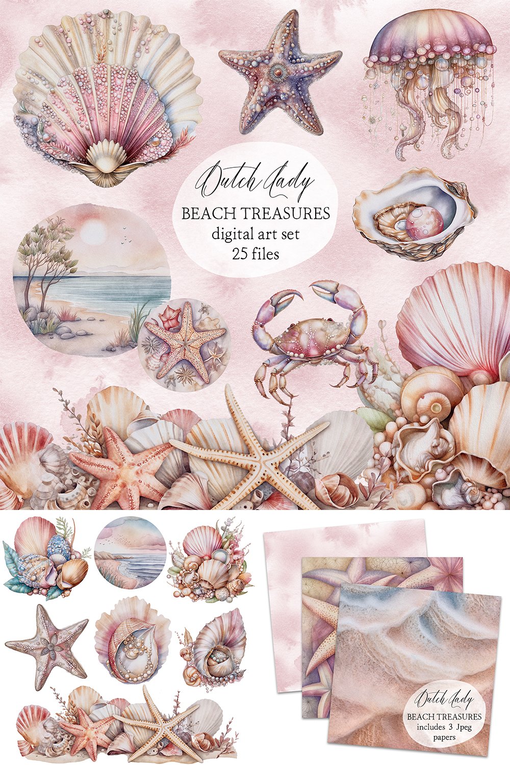 Beach Treasures Watercolor Clipart Set