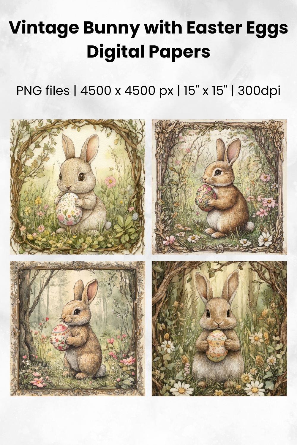 Vintage Easter Bunny with Egg Digital Papers 4 PNG Designs