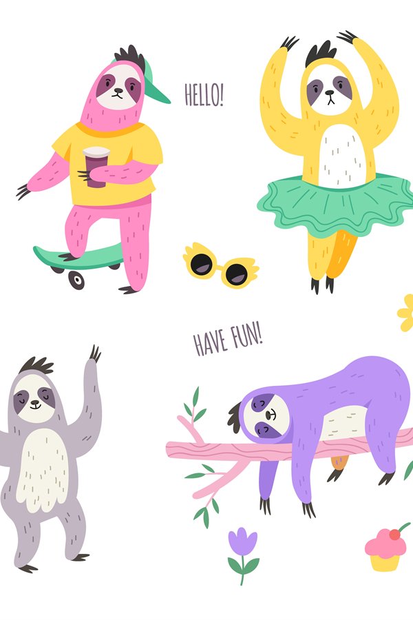Sloth characters. Cute lazy animals in different poses, read