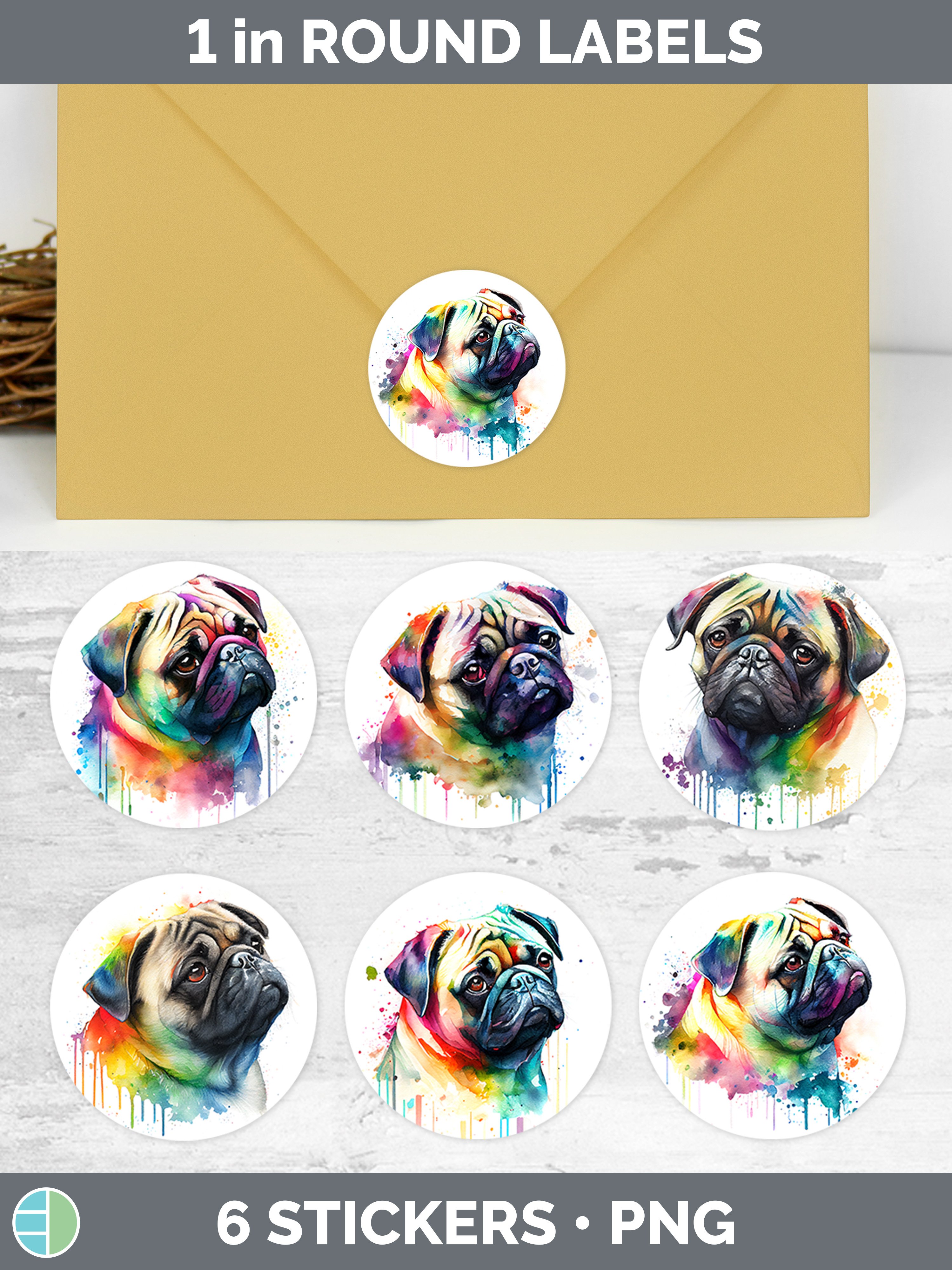 Rainbow Pug Dog Stickers | Round Labels Designs Bundle