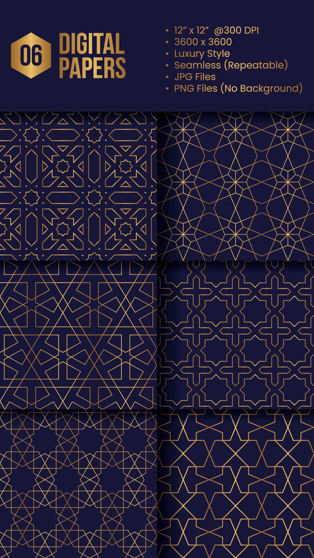 6 Luxury Digital Papers with Seamless Geometric Patterns