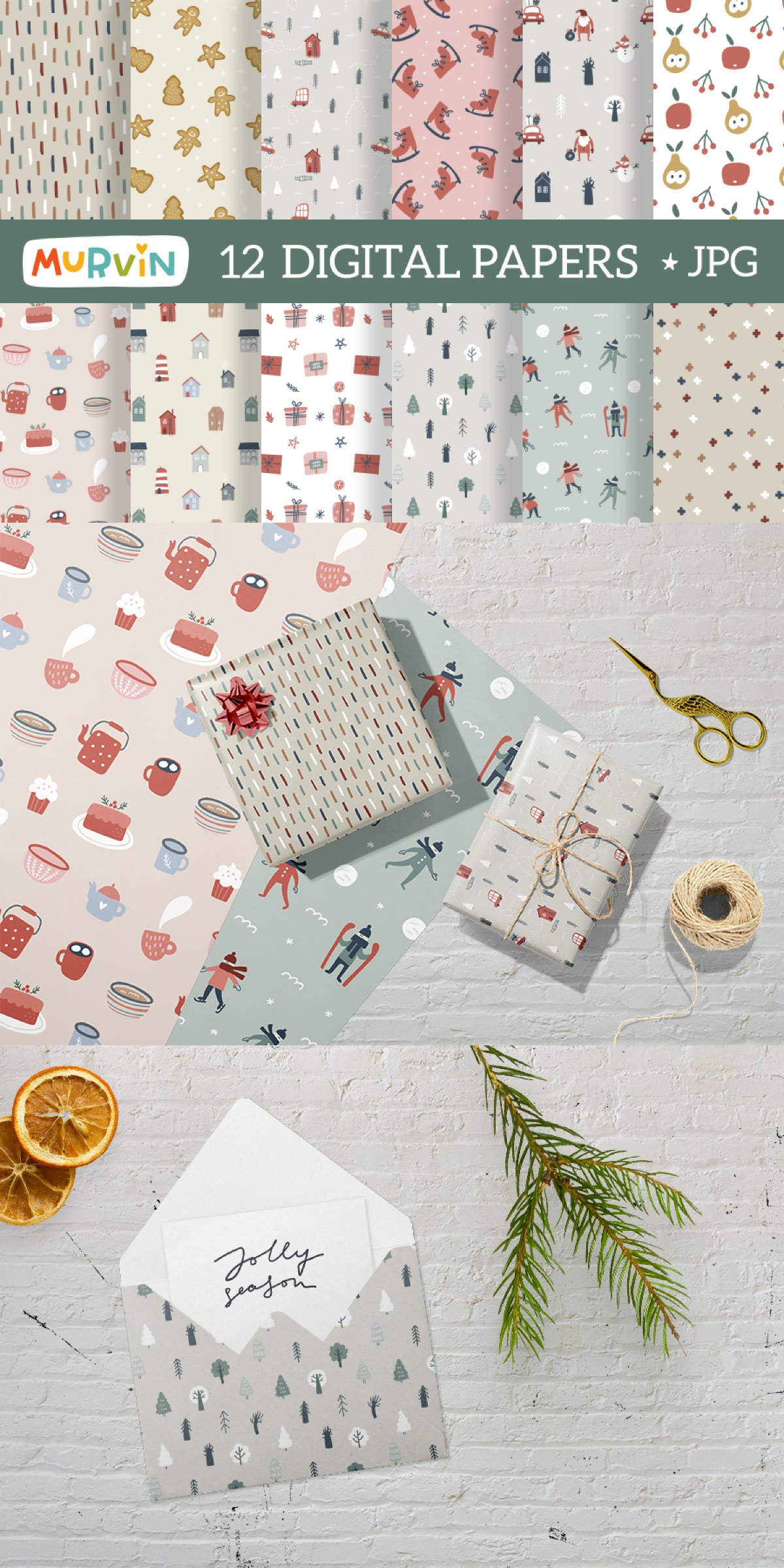 Christmas digital paper set| 12 JPG files