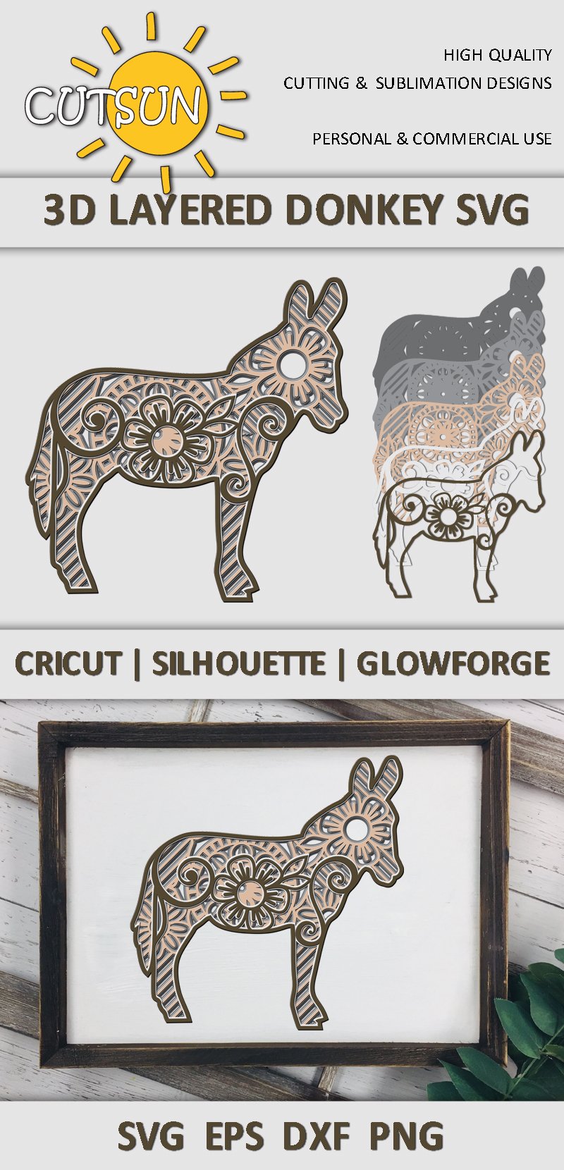 3D Layered Donkey Mandala SVG - 5 layers