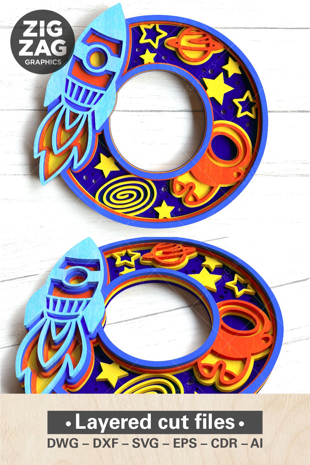 layered kids letter O with space rocket astronaut and stars