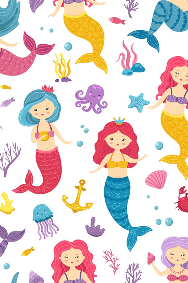 Mermaid pattern. Printable underwater mermaids background. C