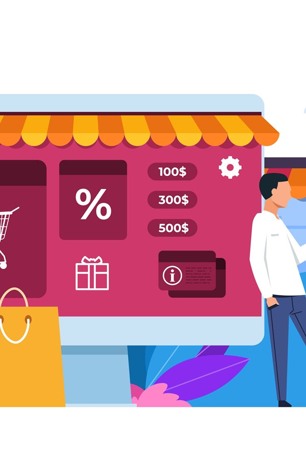 Shopping concept. Cartoon people at retail store, market or