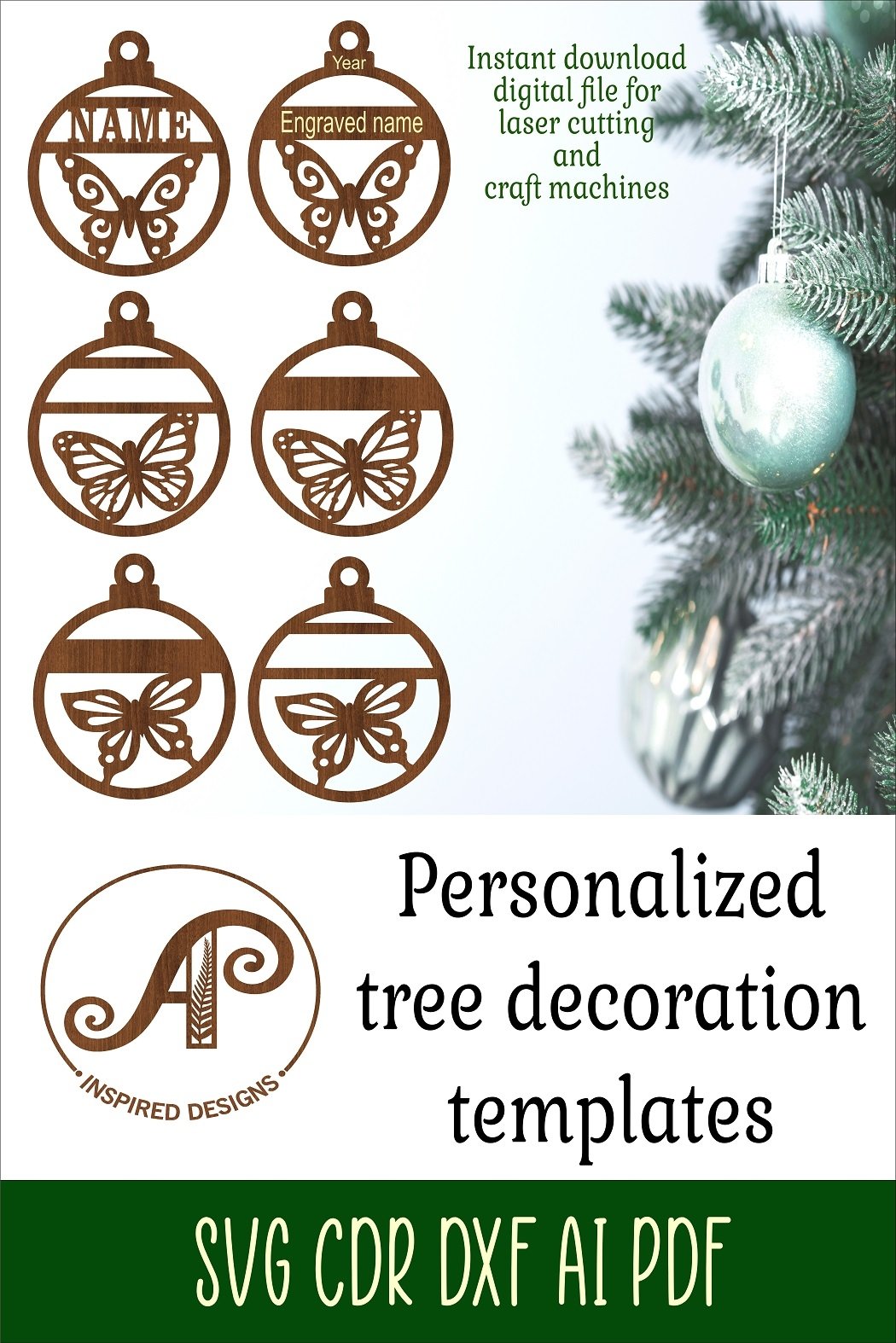 Butterfly Christmas Ornaments, 3 designs SVG laser cut