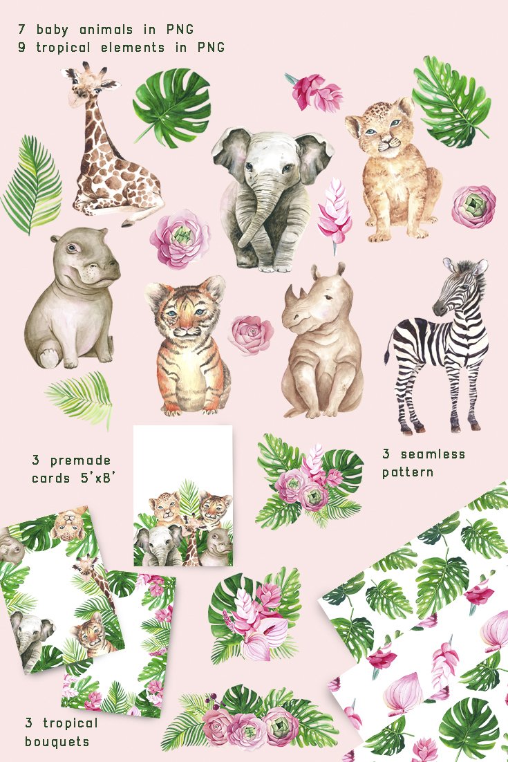 Watercolor Jungle Baby Animals Clipart Set, Safari (1275238)