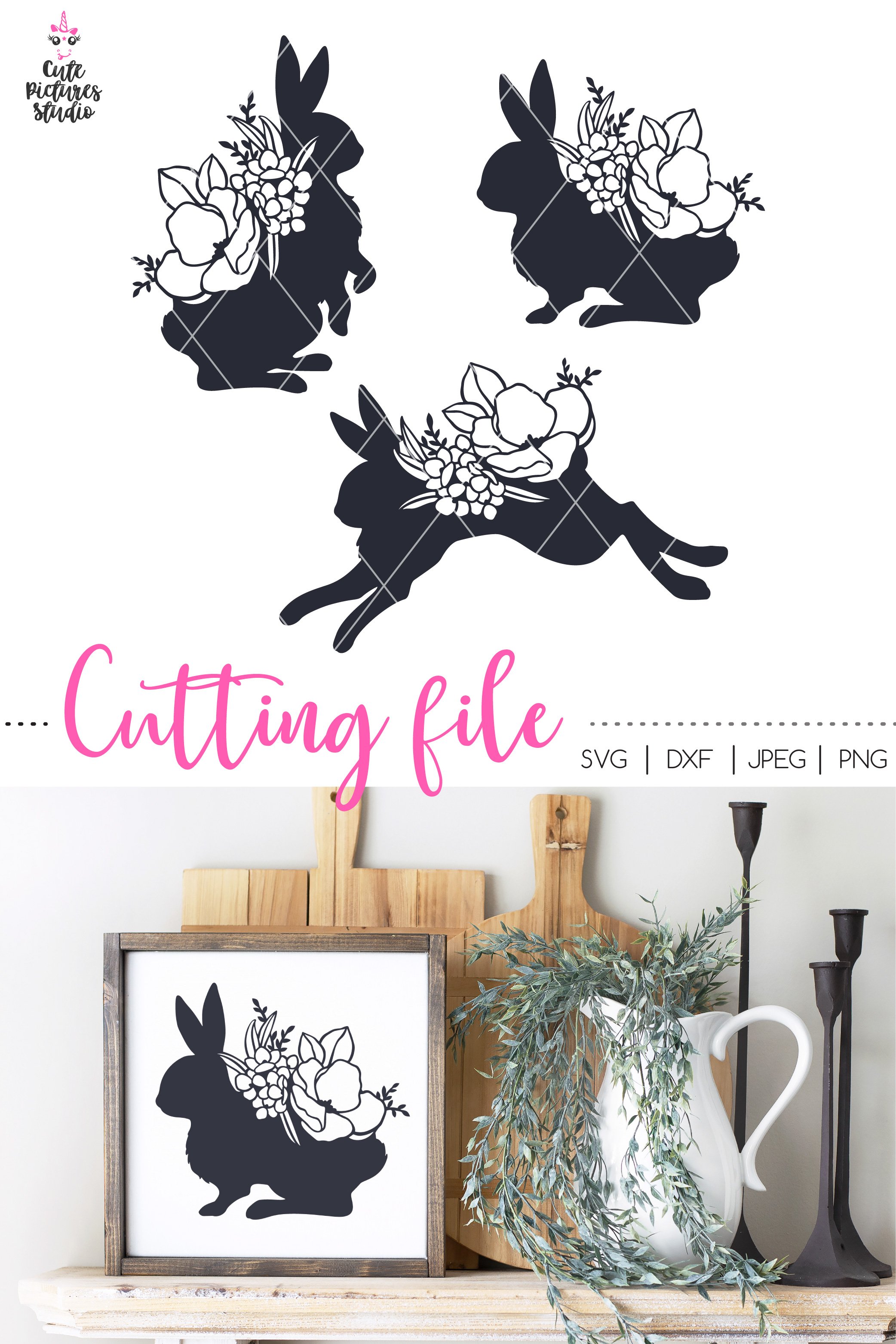 Set of Easter floral bunny Cricut SVG cut file