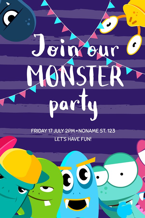 Vector monster party invitation poster with crowd of cute mo