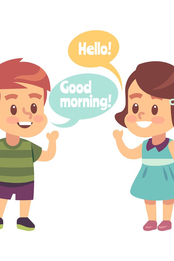 Kids good manners. Boy says good morning and girl with hello