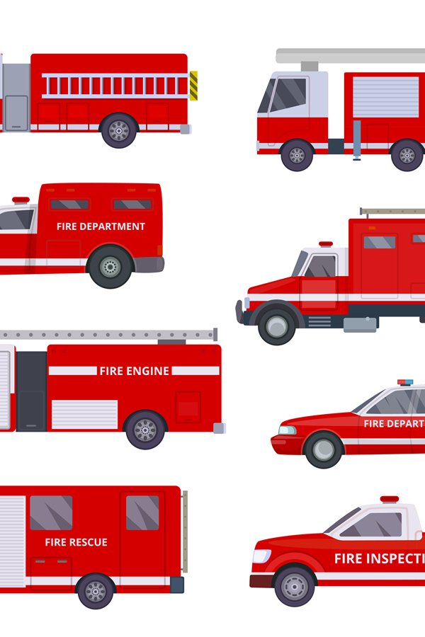 Fire engine. Collection with red emergency department lighti