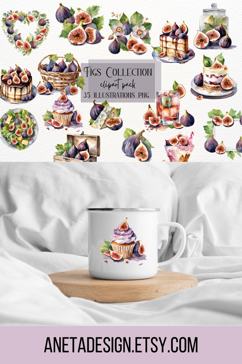 Watercolor Fig Clipart, Cakes with Figs