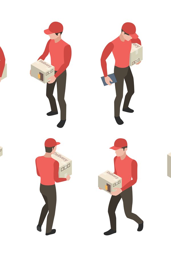 Delivery characters. Couriers with packages boxes cargo serv